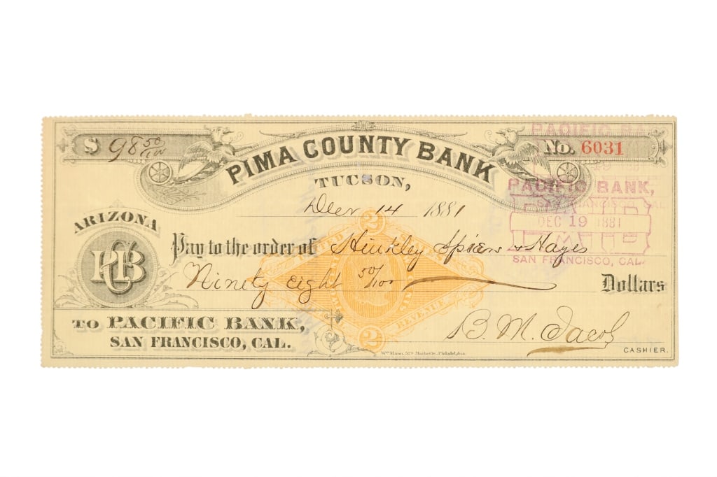 Buy Ca. 1881 Barron M. Jacobs Signed Pima County Check | North American ...