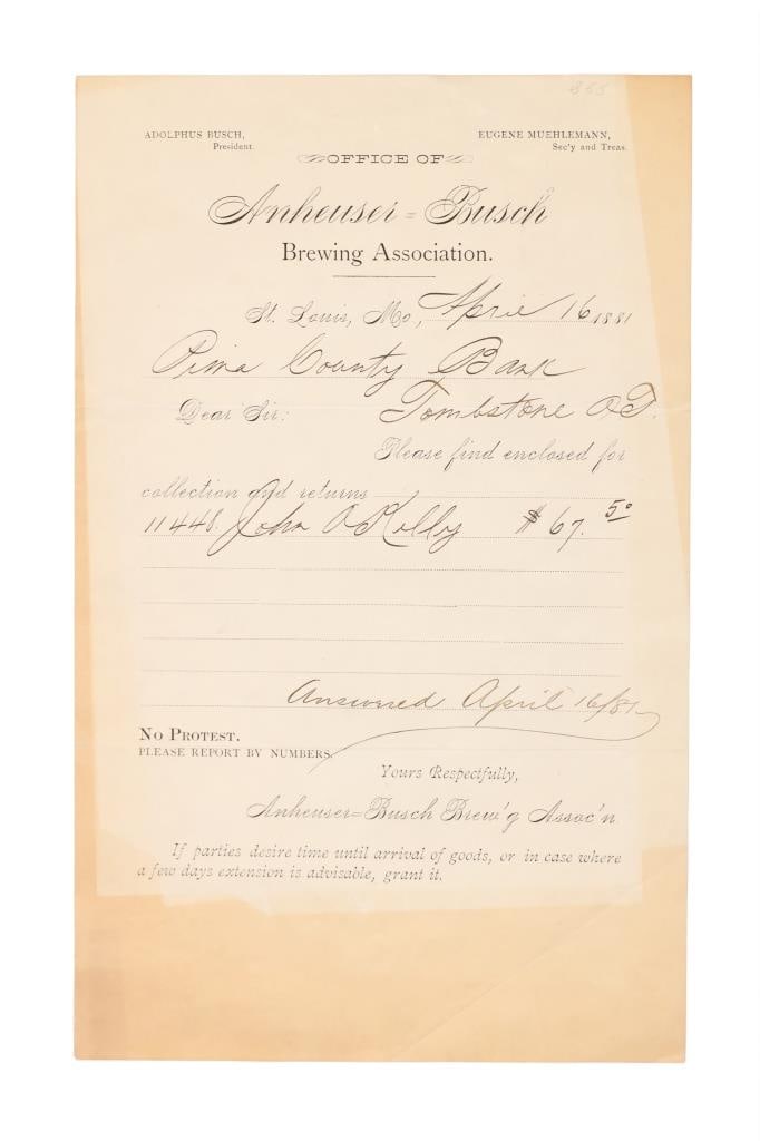 1881 Tombstone Anheuser-busch Letter Auction
