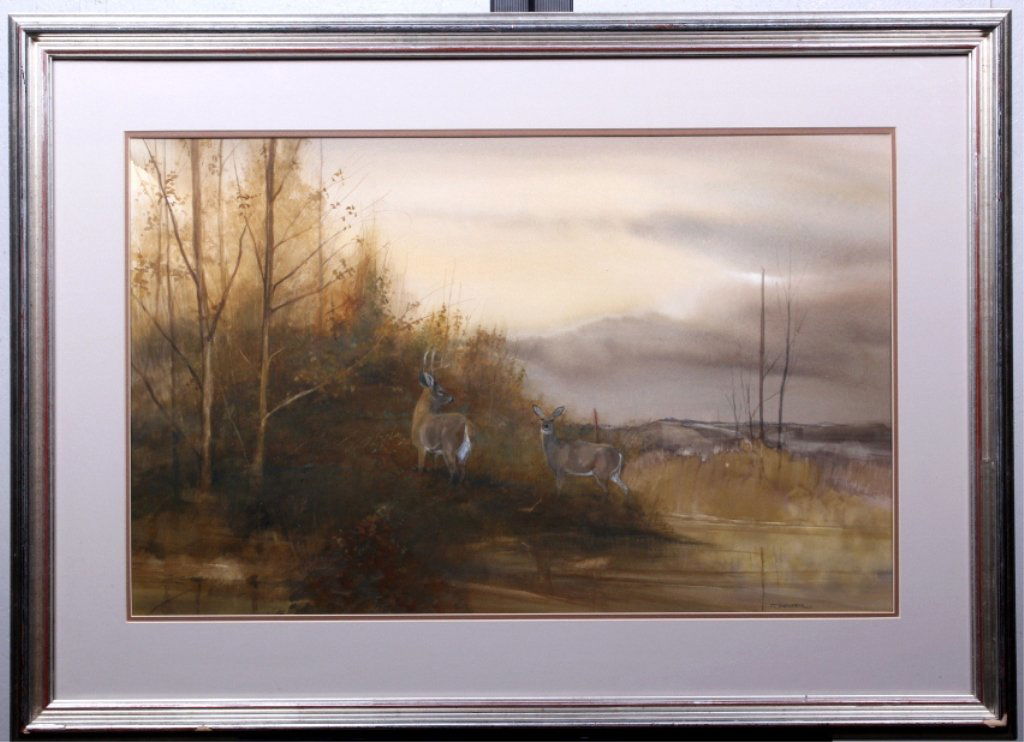 Whitetails Original Watercolor by Tom Sander