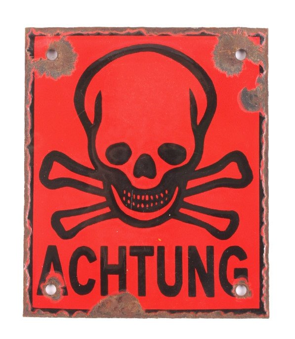 Wwii German Achtung Porcelain Skull & Bones Sign