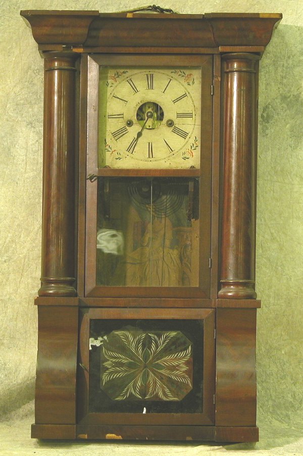 Mahogany Veneer Pillar & Scroll Clock.