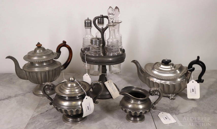 Pewter Tea Set, Caster Set, & Teapot