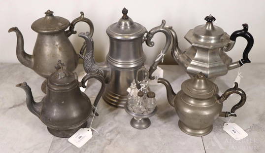 Pewter Tea Set, Caster Set, & Teapot