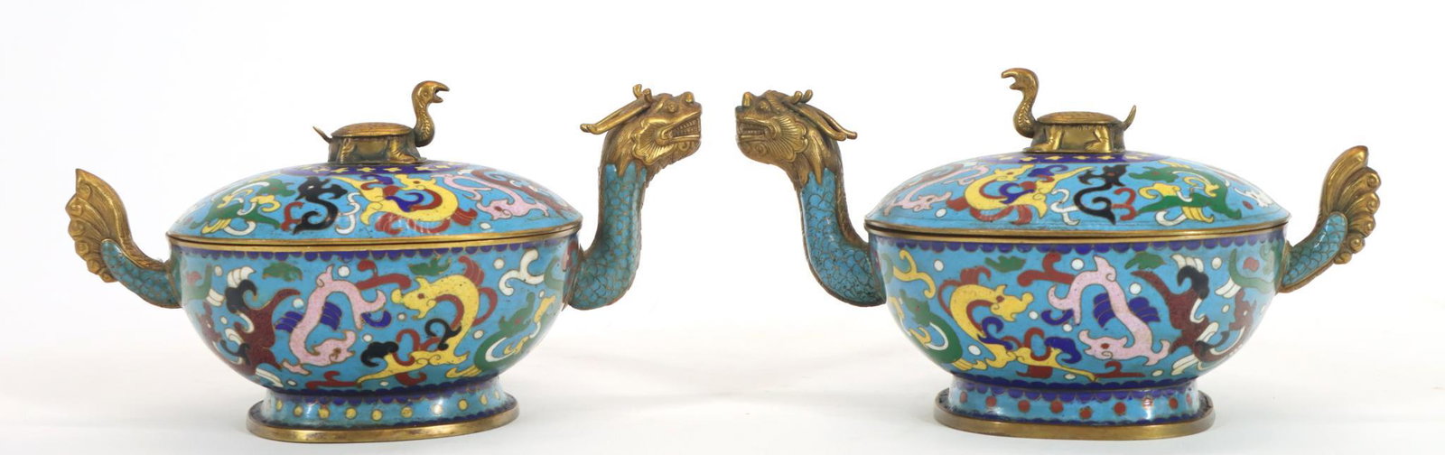 Pair Of Chinese Cloisonne Bixi Dragon Covered Bowls