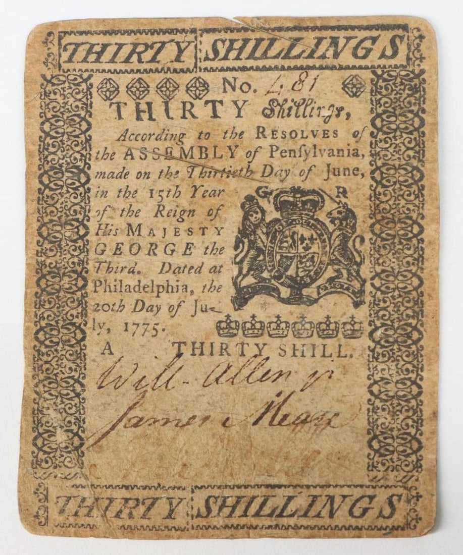 Thirty Shilling Pennsylvania Colonial Currency Note-1775 Auction