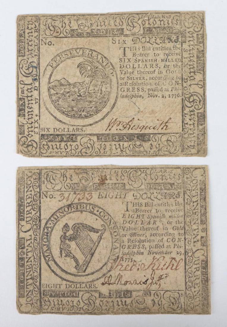 Pair Of Continental Colonial Currency Of Six & Eight Dollar ...