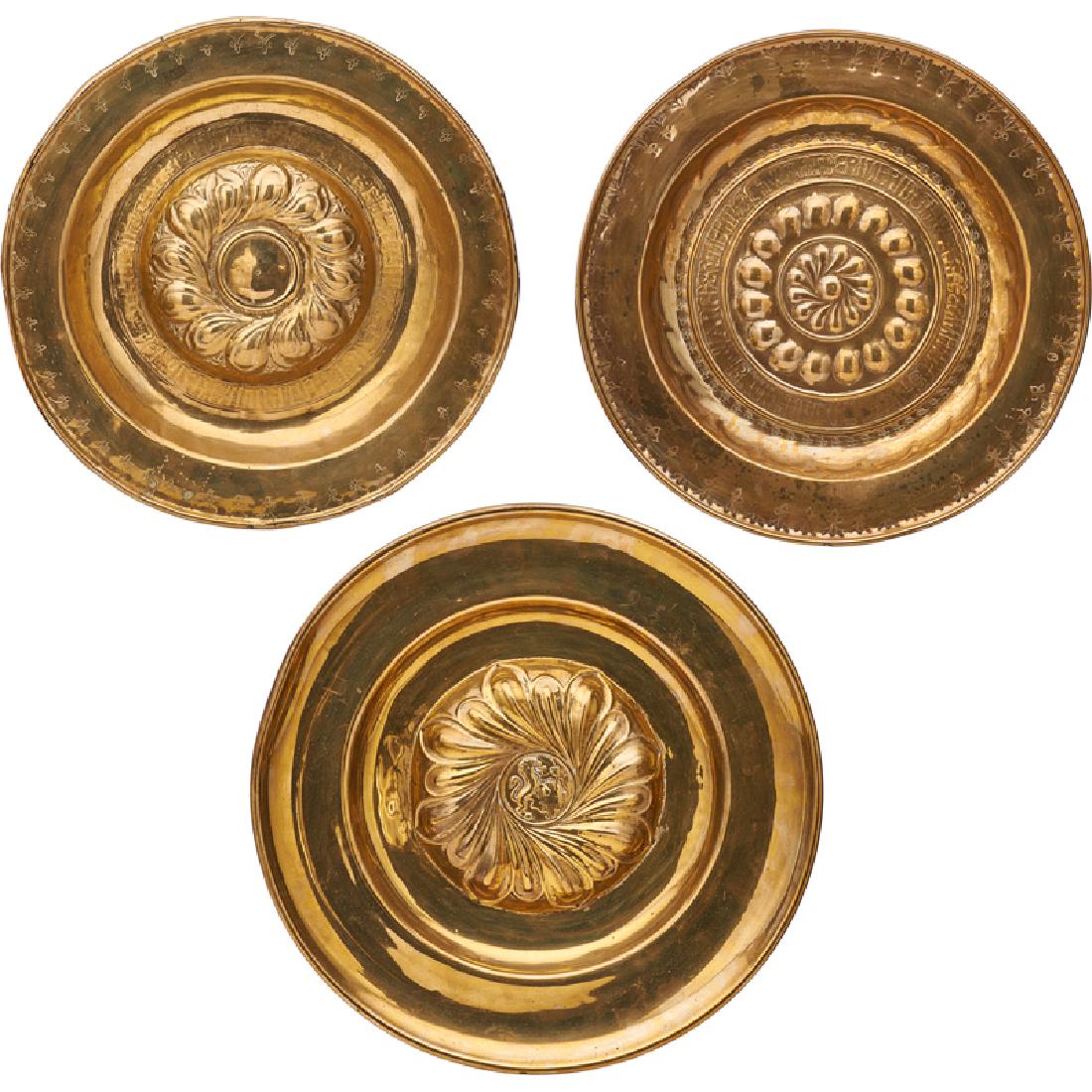 Three Brass Continental Alms Plates