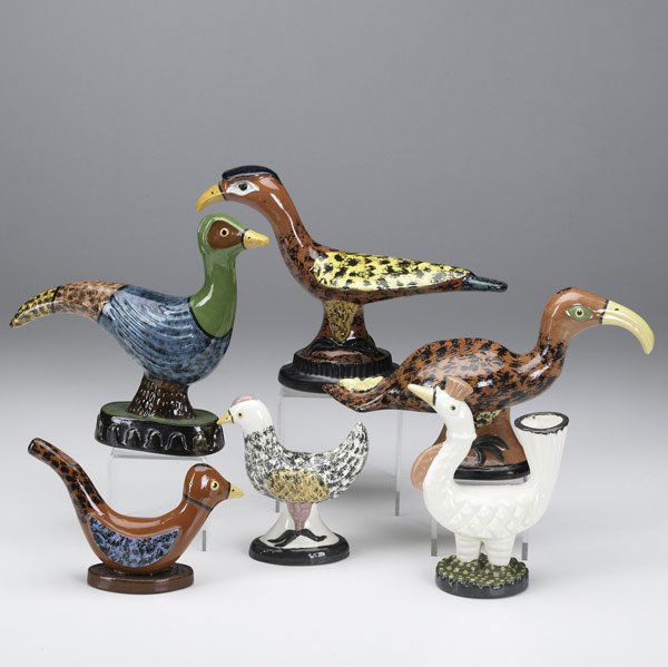 546: Six James Seagraves redware pottery birds