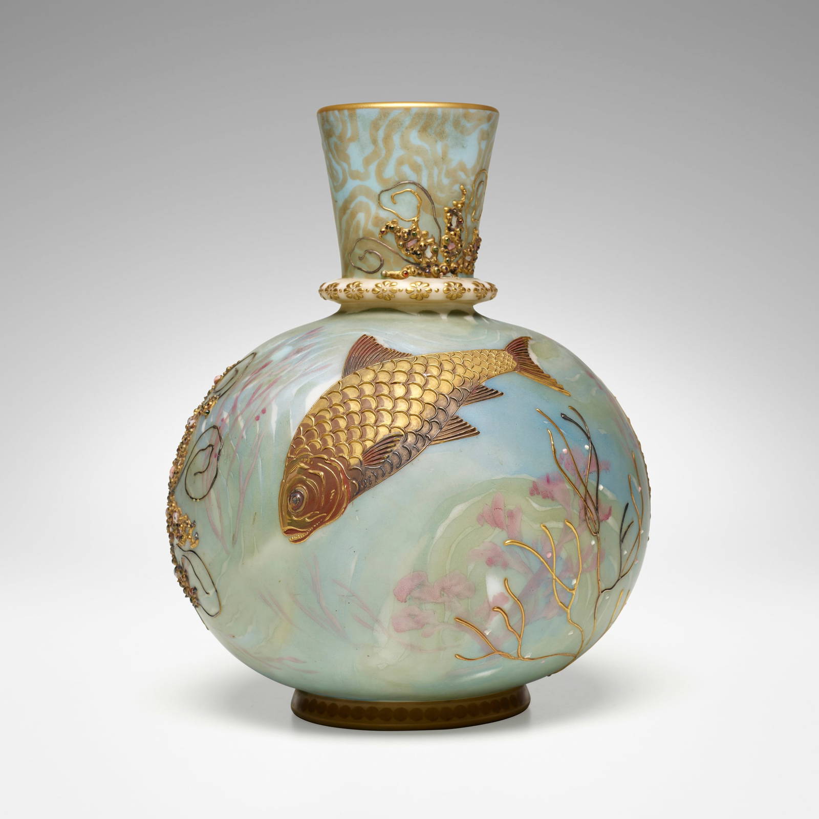 Mt. Washington Glass Company, Crown Milano Vase With Fish Auction