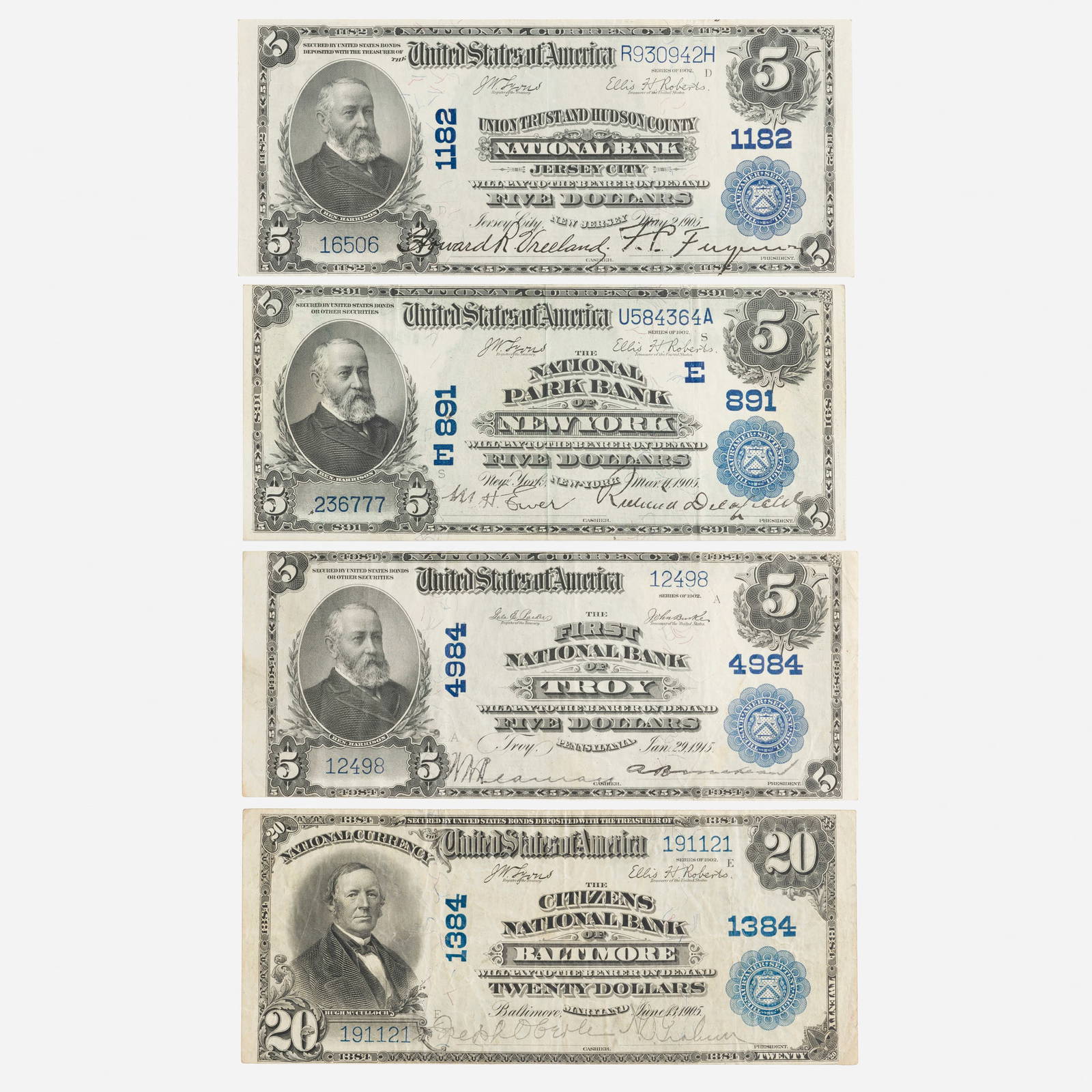 U.s. 1902 Large Size National Bank Notes $5 (3), $20, Four Auction