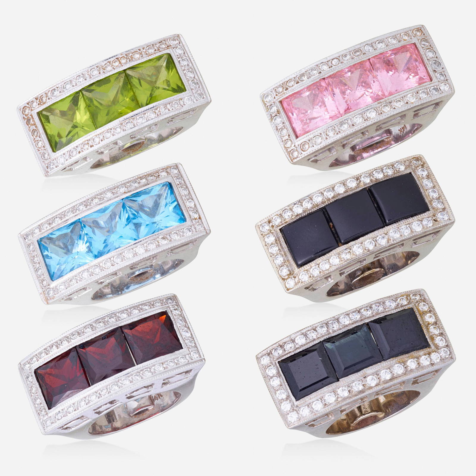 Six Gem-set, Diamond, And White Gold Rings Auction