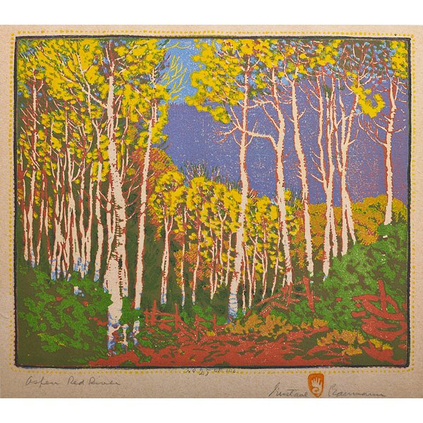 GUSTAVE BAUMANN Woodblock print, "Aspen Red River"