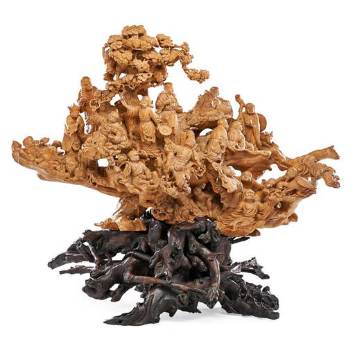 Chinese Boxwood Sculpture With Rootwood Stand