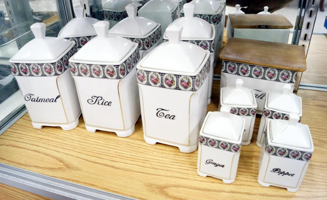 GERMAN DECORATED PORCELAIN CANISTER SET WITH SALT BOX