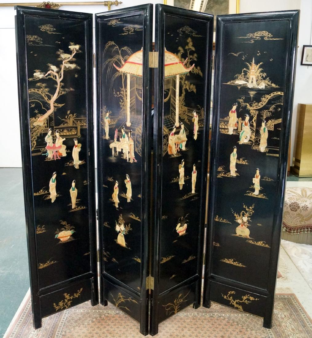 Chinese Lacquer And Hard Stone Mounted 4 Panel Screen.