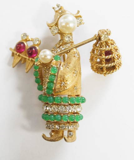 Ciner Geisha Brooch With Beads And Swinging Birdcage.
