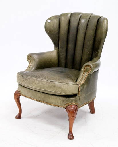Green Leather Upholstered Funnel Back Club Chair.
