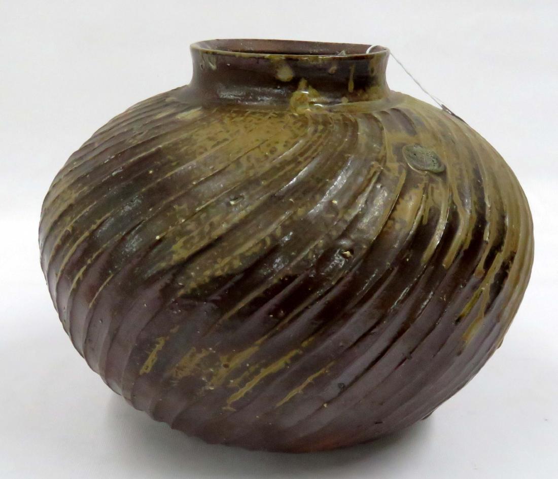 JOYOUS SPRING POTTERY, YAKISHIME POTTERY VASE, SIGNED.