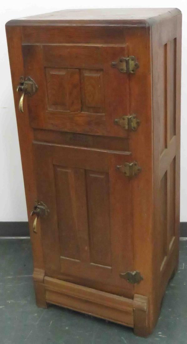 VINTAGE MACE-EMPIRE OAK ICE BOX. HEIGHT 46"; WIDTH 20";