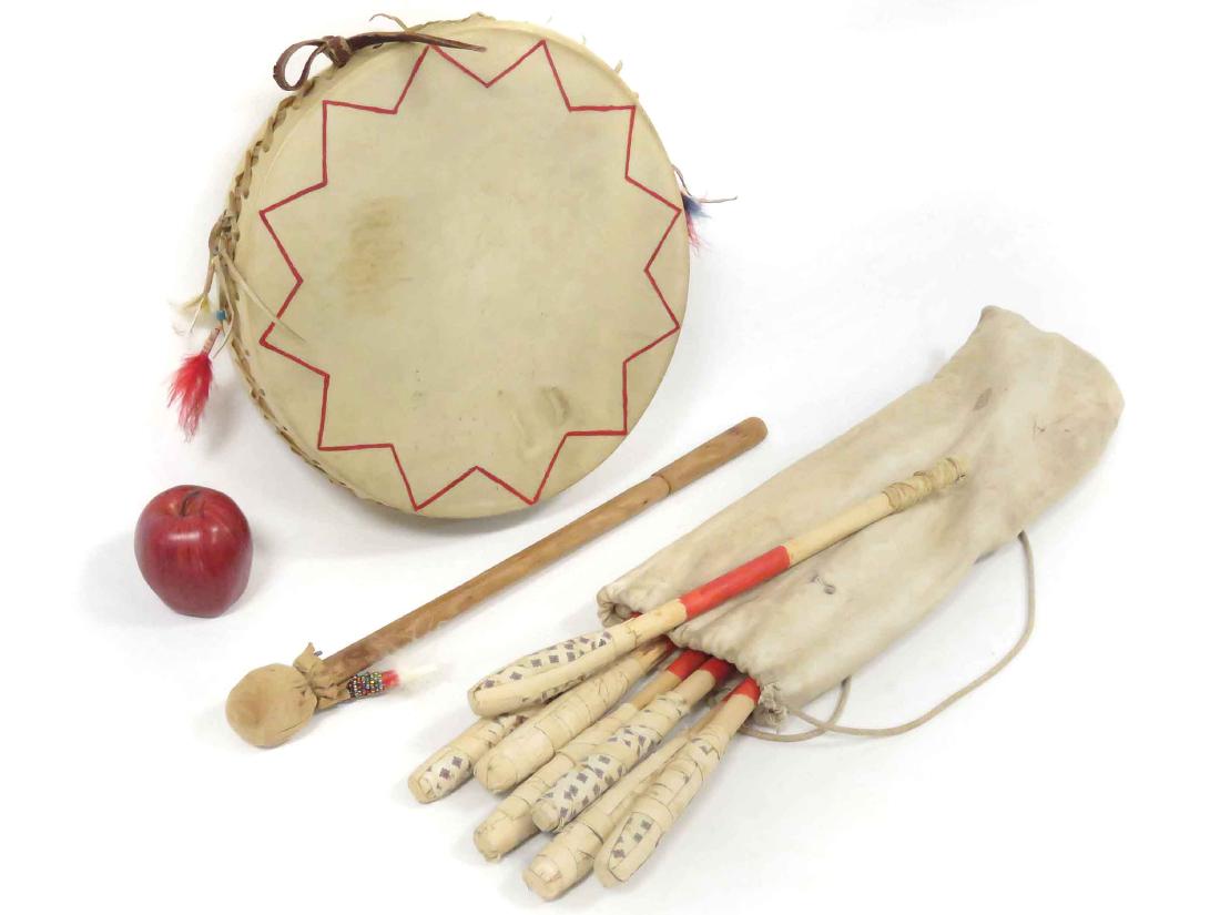NATIVE AMERICAN PLAINS INDIANS CEREMONIAL DRUM WITH