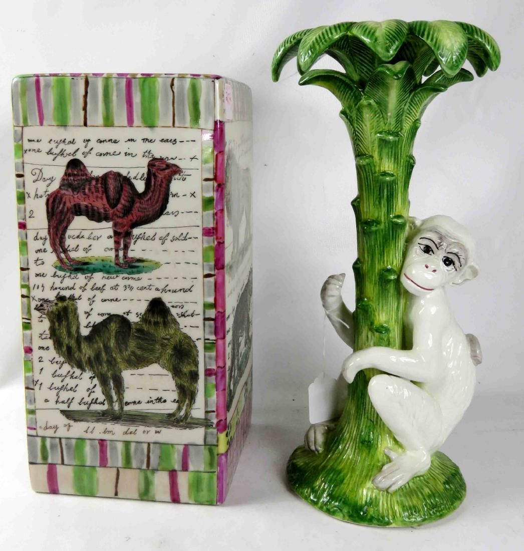 LOT (2) INCLUDING ITALIAN FAIENCE GLAZED POTTERY MONKEY