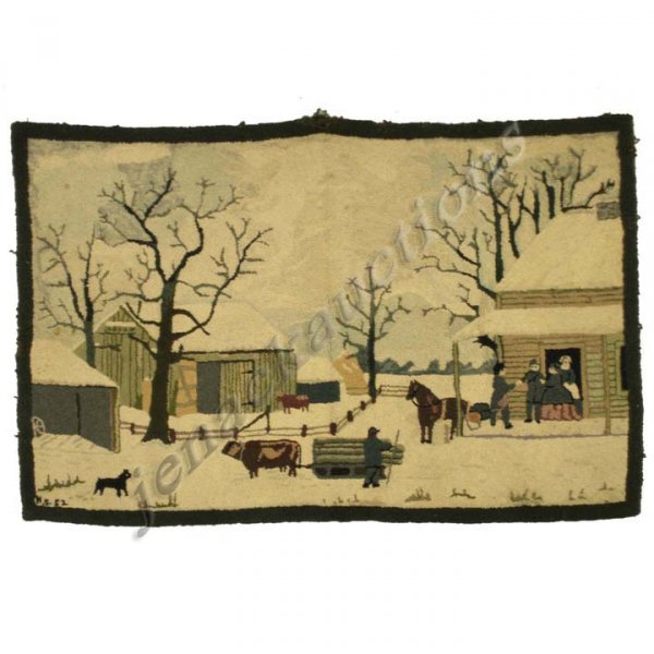 1203: VINTAGE HAND HOOKED RUG, "FARM SCENE"