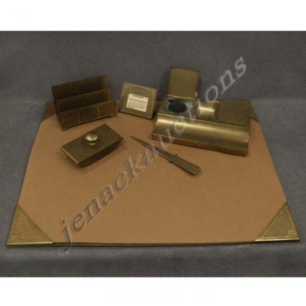 1035: VINTAGE SILVER CREST DECORATED BRONZE DESK SET