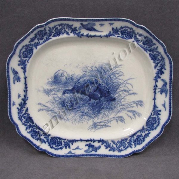332: FLOW BLUE TURKEY PLATTER, 19TH CENTURY