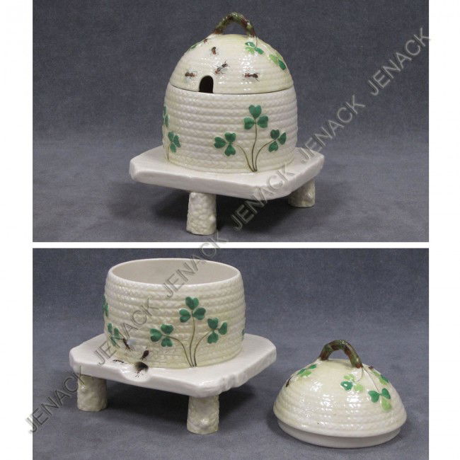 397: BELLEEK PORCELAIN BEEHIVE HONEY POT ON STAND