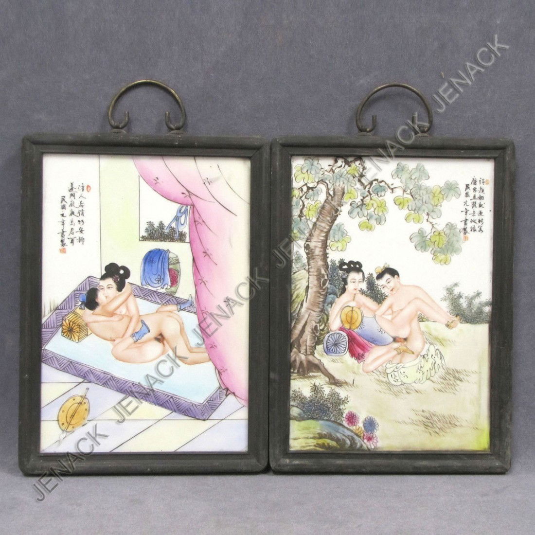 Pair Chinese Porcelain Erotic Plaques