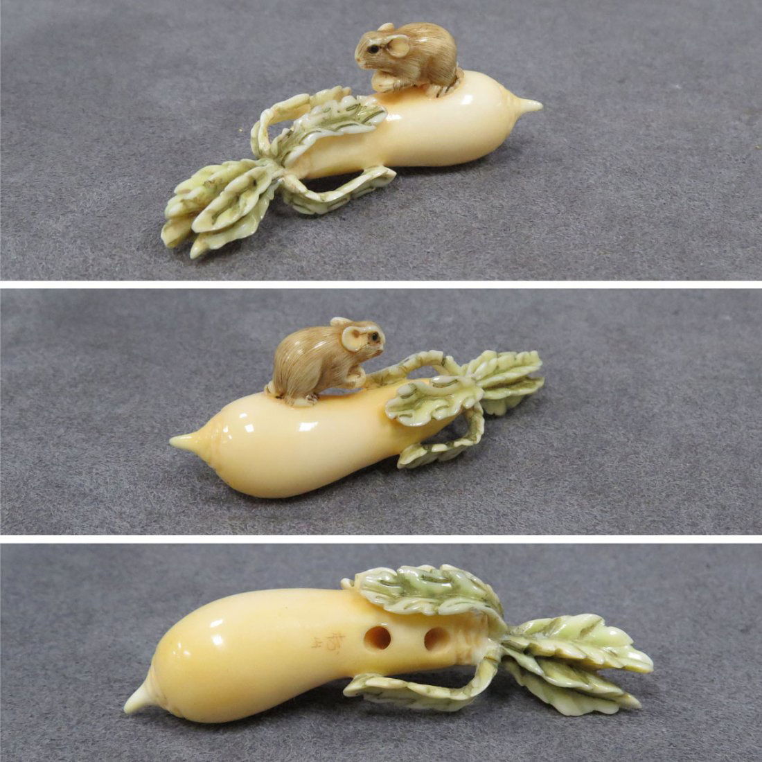 JAPANESE CARVED IVORY NETSUKE, MOUSE ON RADISH