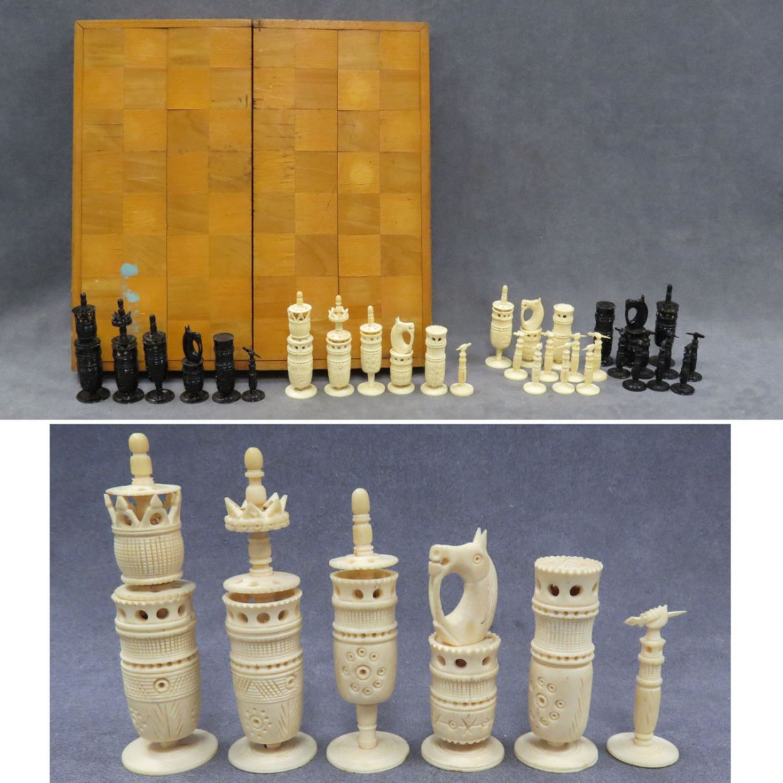 VINTAGE CARVED BONE CHESS SET WITH BOARD BOX
