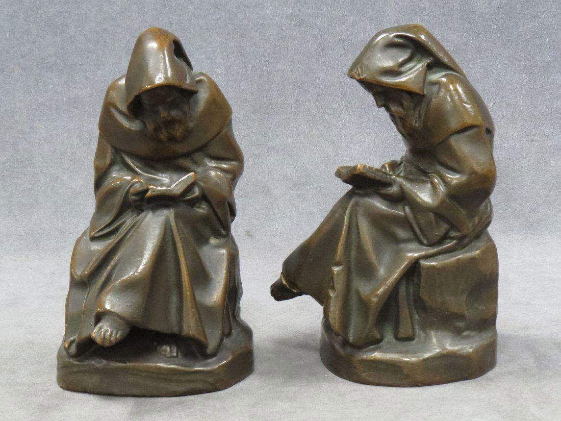 PAIR POMPEIAN BRONZE "MONK" BOOKENDS, SIGNED.