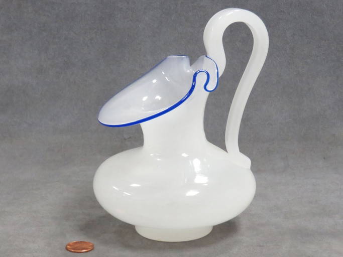 Victorian Clam Broth Glass Pitcher With Cobalt Rim,