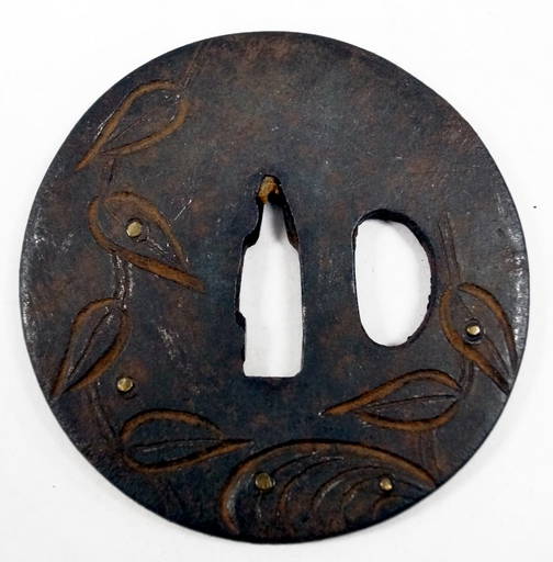 Japanese Tetsu (iron) Hori Engraved, Gold Inlaid Tsuba,