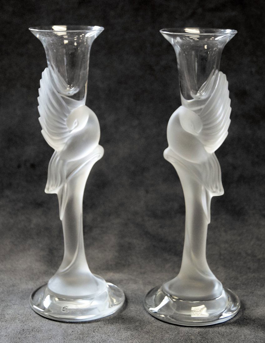 Pair Igor Carl Faberge Glass "snow Dove" Candlesticks,