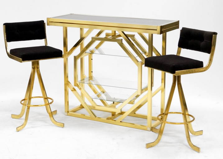 Mid Century Modern Polished Brass Bar With Pair