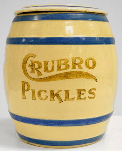 Vintage Crubro Pickles Stoneware Blue Band Crock With