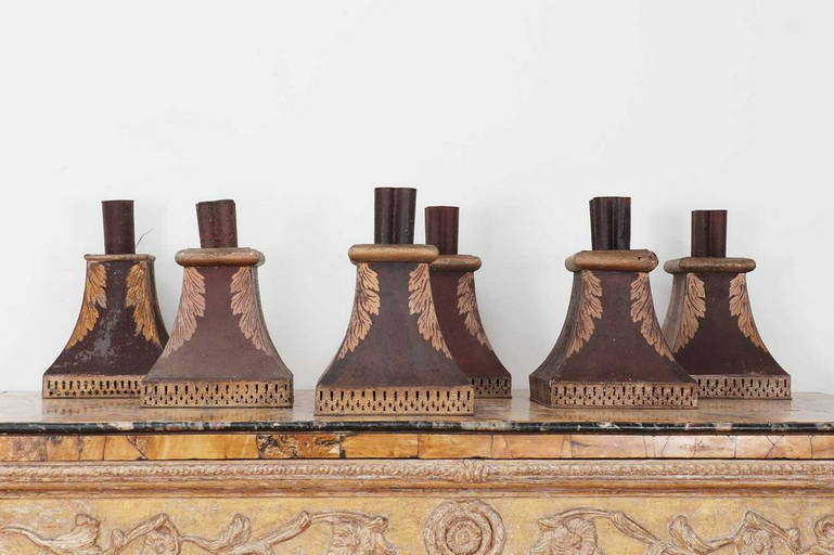 Six Painted Toleware Lantern Chimneys,