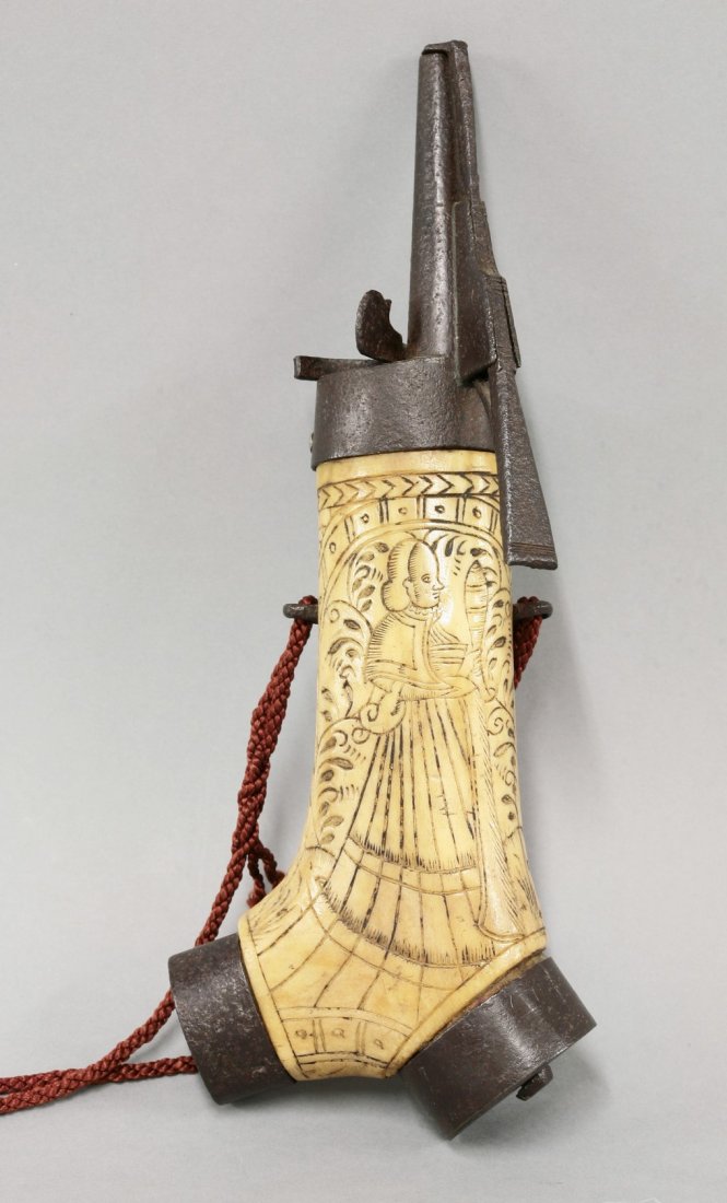 A German stag antler horn powder flask, 17th century,