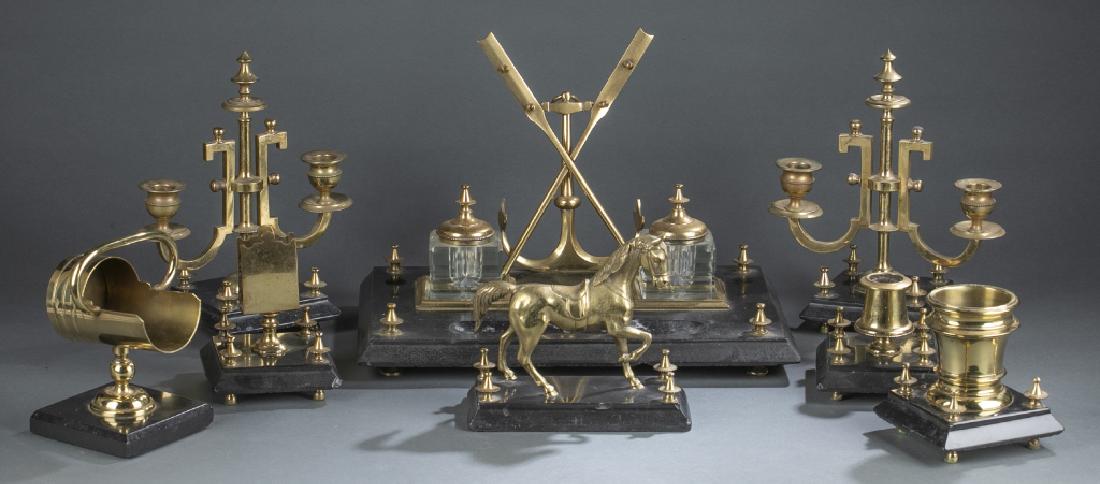 Russian smoking & ink desk set in marble & bronze.