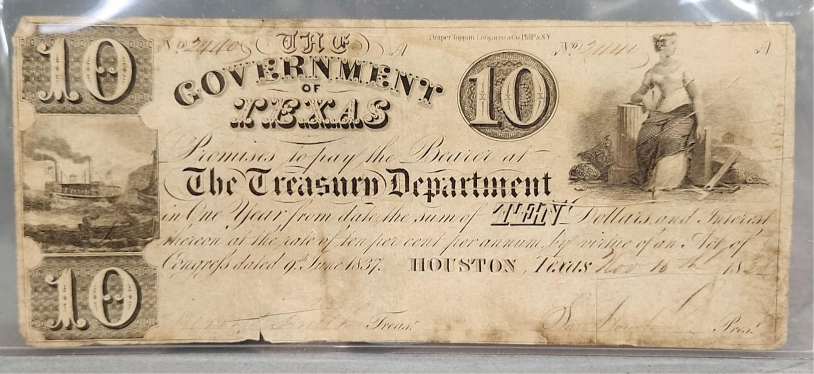 Republic Of Texas $10 Sam Houston Signed Note Auction