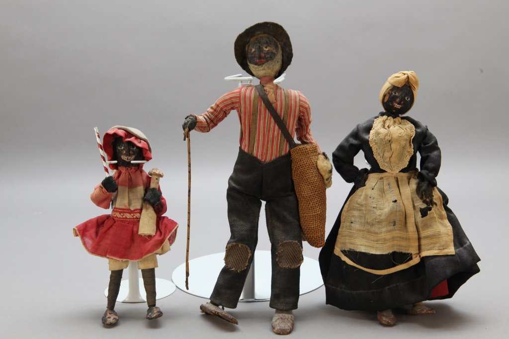 3 American Black Folk Art Walnut Head Dolls