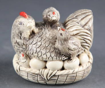 Ivory Chicken & Egg Netsuke, Signed