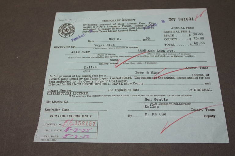 Jack Ruby Beer License Receipt, Vegas Club, 1955