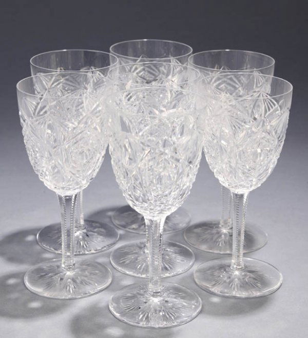 Set Of 7 Cut Glass Claret Wine Glasses Made B