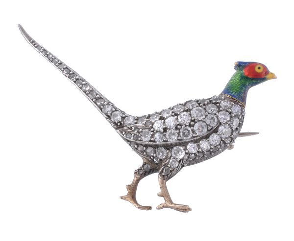 An enamel and diamond pheasant brooch, the head w