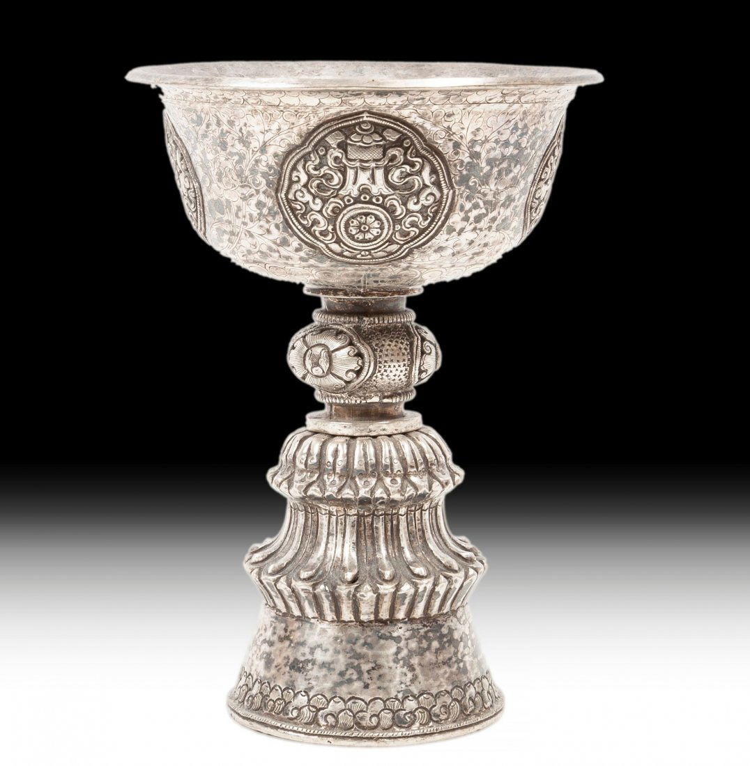 A Tibetan silver butter lamp, 18th-19th century , of