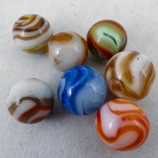 Marbles: Assorted Machine Made, Swirl. 7 Marbles. Various Wv Companies.