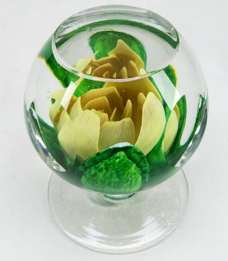 Paperweight: Pairpoint Glass Company. Yellow Rose. Engraved Pedestal.